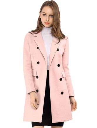 Allegra K Damen Langarm Wintermantel Umlegekragen Zweireiher Kammgarn Trenchcoat Mantel Rosa XS