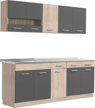 Homestyle4u 2357, Küche Küchenzeile Küchenblock Eiche Holz Grau Einbauküche Single Küchen Schränke 200 cm