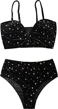 Generic Maillots De Bain Femme Gainant Ventre Plat Split Mode féminine Velours Bikini Deux Pièce Imprimé Sexy Maillots de Bain Tankinis (Black, S)