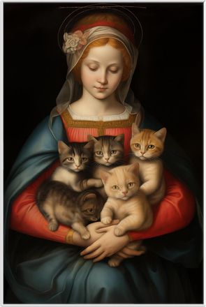 Wallario Wandbild - Madonna der Kätzchen in Premiumqualität, Poster mit weißem Rahmen, Größe: 61 x 91,5 cm