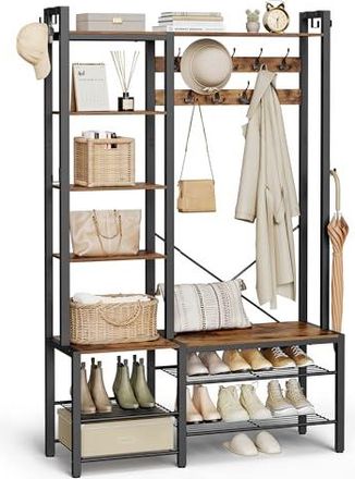 Vasagle Garderobenständer mit Schuhbank, Garderobe, 5 Regalebenen aus Spanplatten, 9 Dreifach-Haken, 6 seitliche Haken, 40 x 120 x 190 cm, vintagebraun-tinten