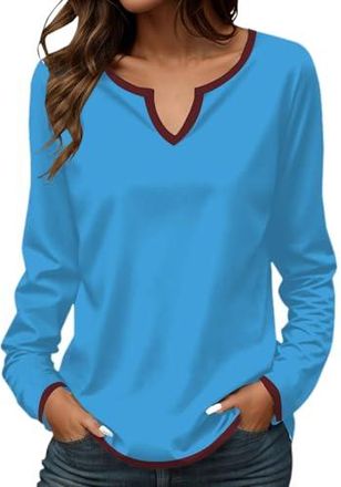 Generic Haut &agrave; manches longues pour femme - Grande taille - D&eacute;contract&eacute; - Col en V - Coupe droite, bleu, 3XL