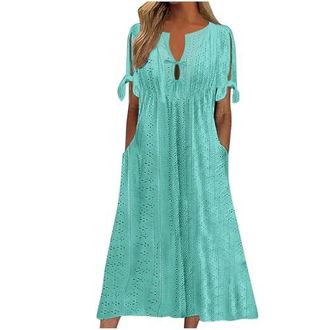 Generic Robe d&eacute;t&eacute; &agrave; manches courtes pour femme - Couleur unie - Tendance - D&eacute;contract&eacute;e - Col en V - Manches longues -, bleu clair, XXL