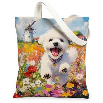 Generic Sac fourre-tout en toile r&eacute;utilisable pour le shopping, 33 x 38,1 cm, motif chien bichon fris&eacute;, sac d&eacute;picerie r&eacute;utilisable pour femme, motif floral am