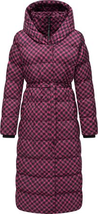 Ragwear Damen Wintermantel Warmer atmungsaktiver und wasserdichter Steppmantel lang mit angesagtem Hahnentritt Muster mit Kapuze Niara Long Print YOUMODO Fuch
