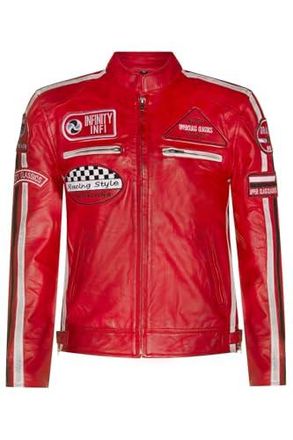 Infinity Leather Veste de Moto en Cuir Rouge &agrave; Badges Pour Motards L