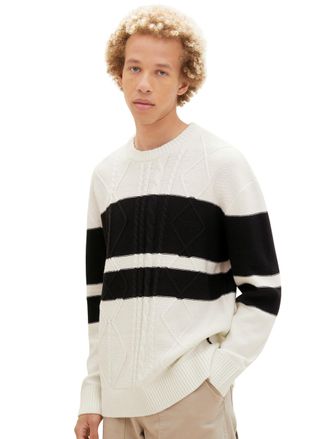 Tom Tailor Herren Relaxed Fit Strickpullover mit Zopfmuster, Wool White, XL