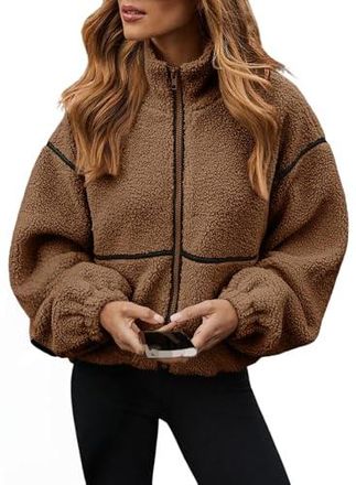 Generic Veste polaire pour femme Sherpa surdimensionn&eacute;e avec fermeture &eacute;clair, marron, XXL