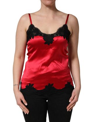 Dolce & Gabbana Womens Red Silk Lace Trim Camisole Sleeveless Tank Top Black And Elastane