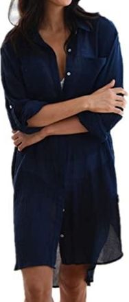 QIYUN.Z Femmes Deux Poches Cach&eacute; Bouton Plage Bikini Protection Solaire Chemise &Agrave; Manches Longues Plage Blouse Bleu Fonc&eacute; Taille Unique