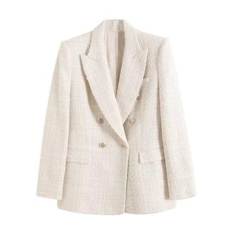 Generic Blazer en tweed &agrave; manches longues et double boutonnage ouvert sur le devant avec poches pour femme, beige, XXL