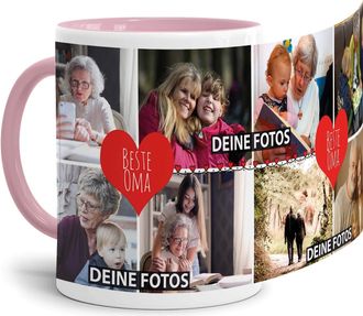 Tassendruck Fototasse mit Spruch - Beste Oma - zum Selbst gestalten mit Foto-Collage für 8 Fotos, Innen & Henkel Rosa, 300 ml