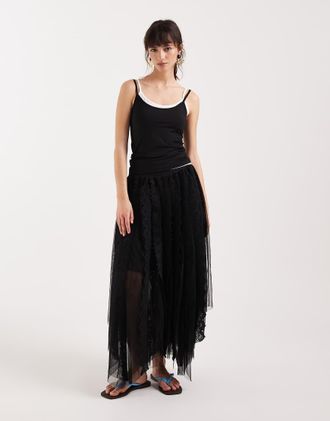 AllSaints Vashtie - Jupe mi-longue asym&eacute;trique en tulle &agrave; volants - Noir