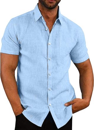 Coofandy Herren Hemd Kurzarmm Leinenhemd Leichte Sommerhemd Freizeithemd Strandhemd Kurzarmhemd Sommer Hemd mit Brusttasche Button Down Leinenshirt Himmelblau 