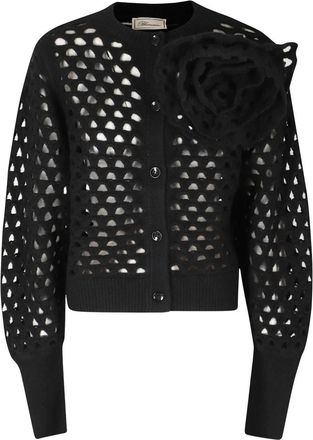 Blumarine Cardigan en laine ajour&eacute;e avec rose 3D - Femme - Pulls - Noir - Taille: 38 FR