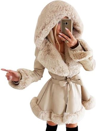 ORANDESIGNE Trench Longue Ceintur&eacute; pour Femme &eacute;paissir Polaire Parka Simili Cuir et Fausse Laine M&eacute;lang&eacute;e Outwear B Beige M