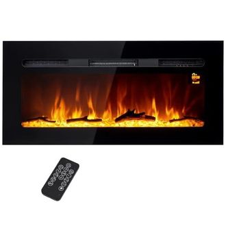 HOMCOM Cheminée électrique 1800 W Mural ou encastrable Fausse cheminée avec Effet Flamme en LED 3 Couleurs 5 luminosités, bûche et Cristal, minuterie, tempér
