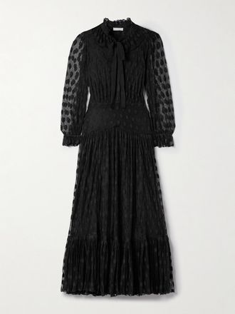 Ulla Johnson Robe Longue En Résille À Fil Coupé, Volants Et Col Noué Carla - Noir