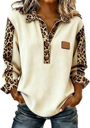 Generic Polo &agrave; manches longues pour femme - Col en V - Avec boutons - Denim Patchwork - Pull tendance et d&eacute;contract&eacute; - T-shirt &agrave; manches longues - Sweat-shirt