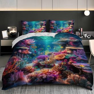 Generic Bettw&auml;sche 3teilig 135x200 cm Fantasy-Unterwasserlebewesen Rei&szlig;verschluss und 2 Kissenbezug 80x80 cm Weiche Mikrofaser Bettbezug mit Bunt f&uuml;r Geschenk