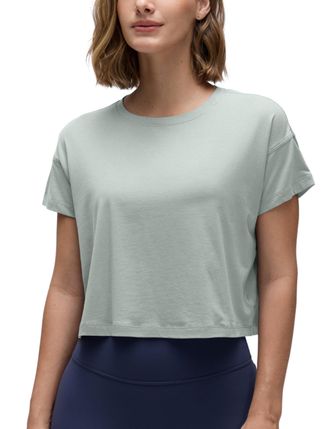 CRZ YOGA Damen Kurzarm Sport Tshirt Loose Baumwolle Fitness Crop Top Sommer Gym Workout Cropped Oberteile Jade Gray 44