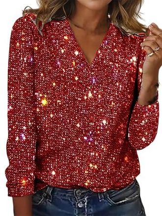 Generic Chemises pour r&eacute;veillon du Nouvel An, col en V, manches longues, hauts &agrave; paillettes pour femmes, manches longues, rendez-vous galant, Rouge, XXL