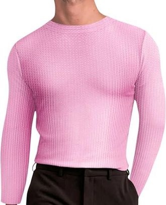 Generic Chemise &agrave; manches longues et col rond pour homme - L&eacute;g&egrave;re, respirante - Coupe ajust&eacute;e - Pour le printemps et lautomne - Confortable, rose, XXL