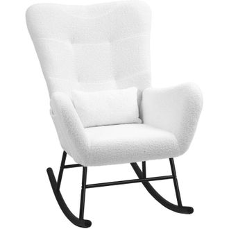 HOMCOM Homcom - Schaukelstuhl, Schaukelsessel mit Teddystoff-Optik, Armlehne, Stillsessel mit Metallkufen, Lendenkissen, Relaxsessel mit Seitentasche f&uuml;r
