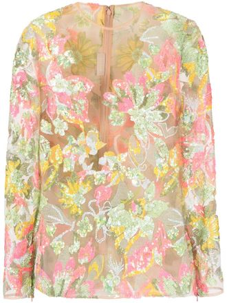 Elie Saab blouse orn&eacute;e de sequins &agrave; fleurs - Tons neutres