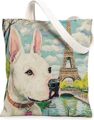 Generic Sac fourre-tout en toile motif chien Spring Bull Terrier 33 x 38 cm, tour romantique, sac d&eacute;picerie r&eacute;utilisable pour femme, animal de compagnie, moti
