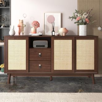 Merax Rattan Sideboard Kommode mit 3 Rattan Schiebet&uuml;ren und 2 Schubladen, Sideboard Holz K&uuml;chenschrank Buffet mit Massivholzf&uuml;&szlig;e, Walnuss/155x38x80cm