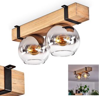 HOFSTEIN Deckenleuchte Montgomery, Deckenlampe aus Metall/Holz/Glas in Schwarz/Natur/Chromfarben/Klar, skandinavischen Design mit Holzbalken und Schirmen aus G
