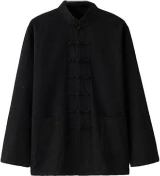 Generic Chemise traditionnelle chinoise décontractée à manches longues et col montant pour homme, Noir, M