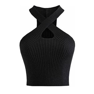 Generic Crop Top Femme Sexy- Gilet sans Manche &Agrave; &Eacute;paules D&eacute;nud&eacute;es Crois&eacute;s Tricot Creuse Chic Et &Eacute;l&eacute;gants D&eacute;bardeur Doux Confortable Passe-Partout D&eacute;contract&eacute; 