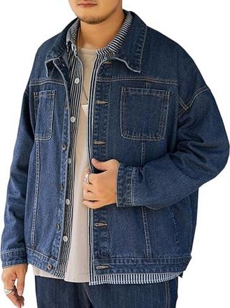 Generic Casual Jackets for Men Plus Size Trucker Denim Jacket Button Front Hooded Casual Long Sleeve Jean Coat Dark Blue X Large