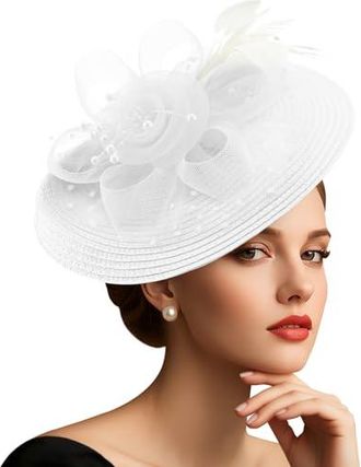Dreshow Chapeau Fascinateur en Maille avec Plume Perlée sur Bandeau et Pince Fourchue Chapeau Cocktail Tea Party pour Filles et Femmes Noble Kentucky Hat