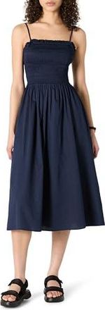 Amazon Essentials Robe Midi à Corsage Smocké en Satin de Coton, Coupe Classique Femme, Bleu Marine, XXS