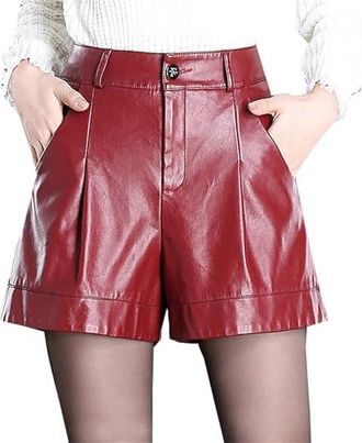 Generic Short de motard décontracté en cuir synthétique pour femme - Taille haute - Automne et hiver - Avec poches, Rouge, XL