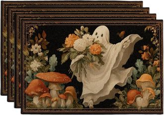 Generic Halloween-Tischsets mit Geist und Blumen, schwarz, fantasievolle Tischsets für Herbstessen, rutschfest, waschbar, für drinnen und draußen, dekorative 