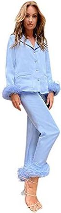Generic Ensemble de pyjama 2 pi&egrave;ces en satin pour femme, ensemble de pyjama avec bordure en plumes, v&ecirc;tements de nuit &eacute;l&eacute;gants et sophistiqu&eacute;s, v&ecirc;tements de n