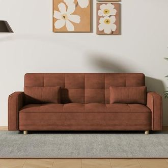 Concept Usine | Canapé Convertible 3 Places COPENHAGUE Terracotta | Velours Côtelé au Toucher Doux | Style Scandinave | Couchage dOappoint 213x111 cm | Pieds Bois |