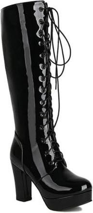 Generic Bottes déquitation montantes en cuir PU verni pour femme avec lacets, plateforme et talon haut, chaussures gothiques tendance avec fermeture éclair, N