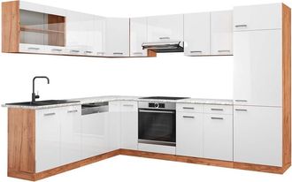 Vicco Eckküche R-Line, Weiß Hochglanz/Goldkraft Eiche, 227 x 287 cm, AP Marmor