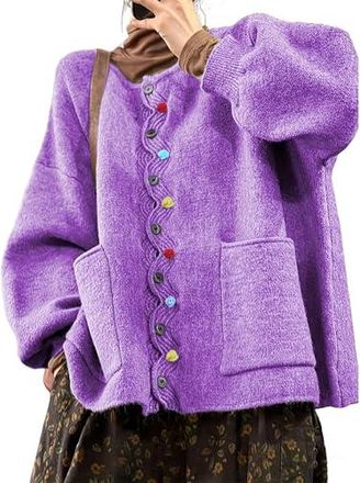Generic Cardigan tricot&eacute; surdimensionn&eacute; pour femme avec boutons color&eacute;s et manches bouffantes avec poches, manteau de printemps pour femmes 2026, violet, XL
