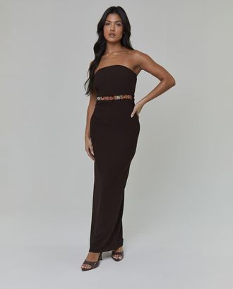 South Beach Robe bandeau longue effet froiss&eacute; &agrave; perles &agrave; la taille - Marron-Brown