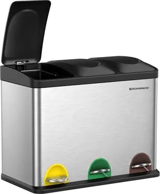 Songmics Poubelle de Cuisine Triple, Poubelle de Tri, Corbeille à Pédale, en Métal, Volume 45L, 3 x 15L, avec Couvercle, en Acier, Argent LTB45L