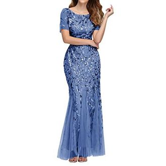 Generic Robe de soir&eacute;e moulante pour femme, robe de No&euml;l &agrave; manches courtes pour femme, robe longue &eacute;l&eacute;gante, moulante, coupe ajust&eacute;e, robe caraco mi-longue po