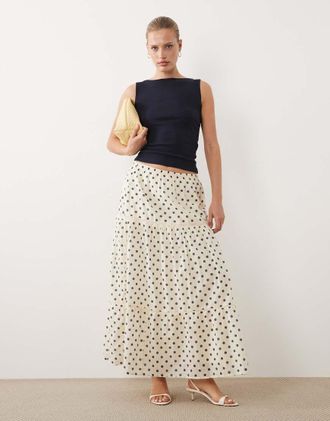Abercrombie & Fitch Jupe longue &agrave; pois et volants &eacute;tag&eacute;s - Cr&egrave;me-Blanc