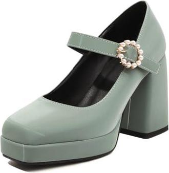 Generic Escarpins Rétro Mary Jane pour Femme Bout Carré Fermé Dessus en Cuir PU Bride À Boucle Perle Talons Hauts Carrés À Plateforme À Enfiler Chaussures Soi
