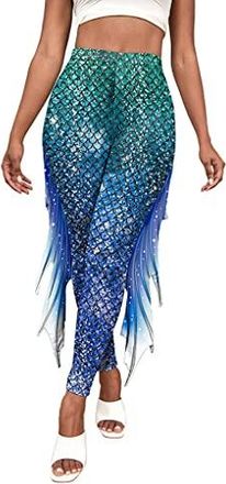ORANDESIGNE Leggings Sirène pour Femmes Taille Haute Imprimé Ecailles Poisson Leggins Collants avec Palmes Opaque Élastique Quotidien Carnaval Halloween Cosplay Y